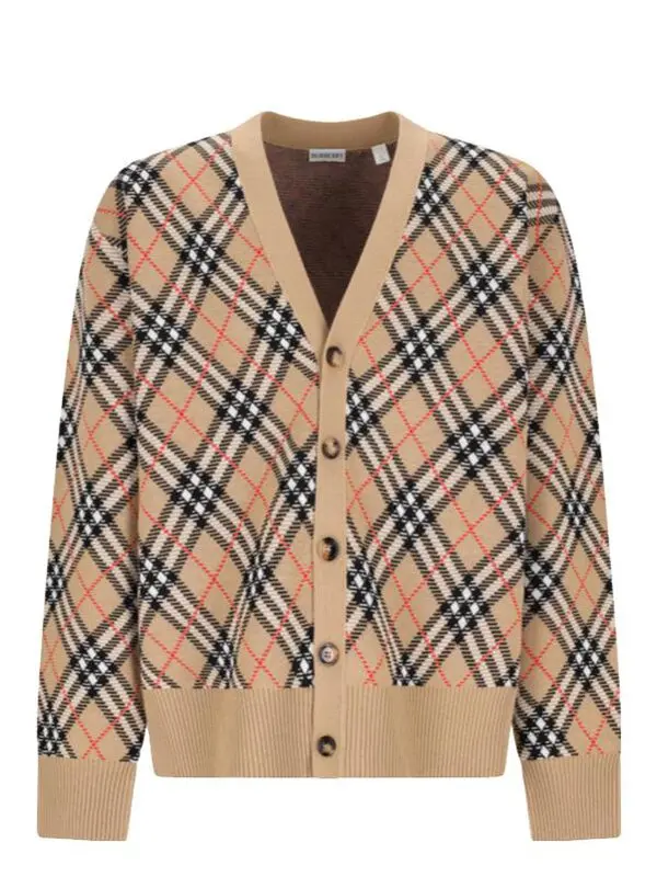 Burberry Checked V-neck Buttoned Cardigan - Nude