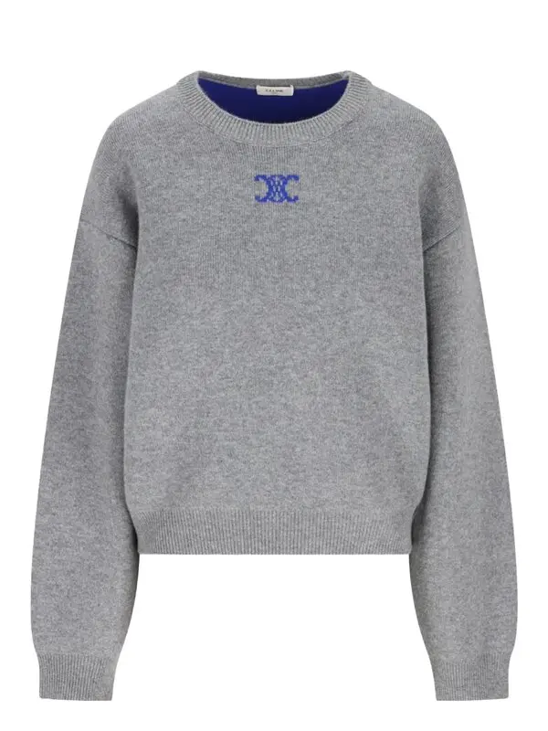Celine Crewneck Sweater In Cashmere With Patterned Detail - Grey