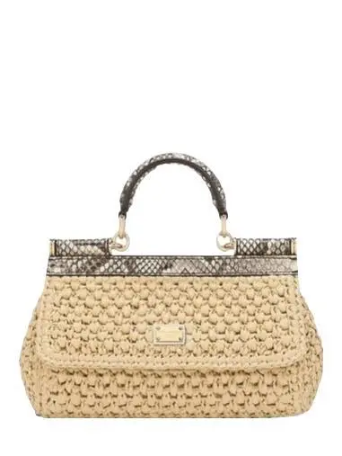 Dolce & Gabbana Small Sicily Logo Plaque Handbag - Nude