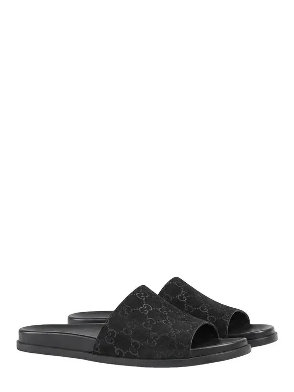 Gucci Logo Detailed Suede Slide Sandals - Black