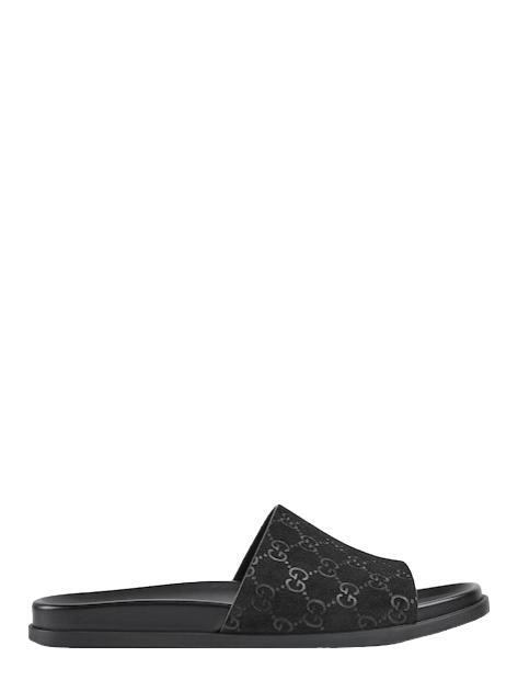 Gucci Logo Detailed Suede Slide Sandals - Black