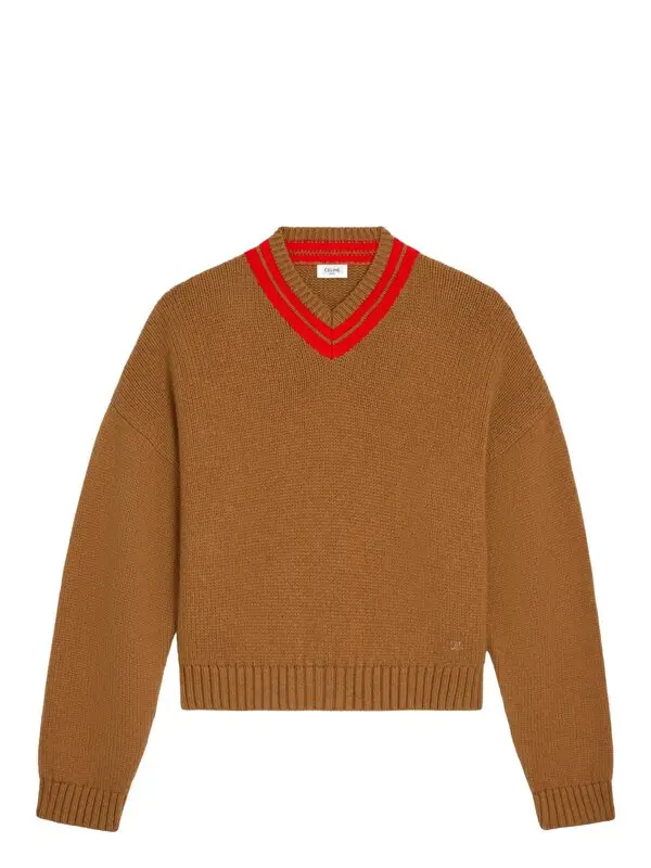 Celine V-neck Cashmere Sweater - Camel/red
