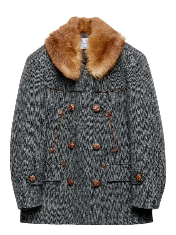 Prada Herringbone Shearling Double-breasted Coat - Coal Gray