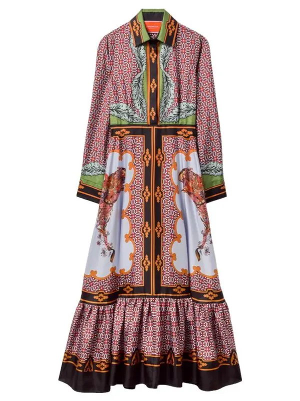 La DoubleJ Printed Silk Midi Day Dress With Tiered Skirt - Multicolor