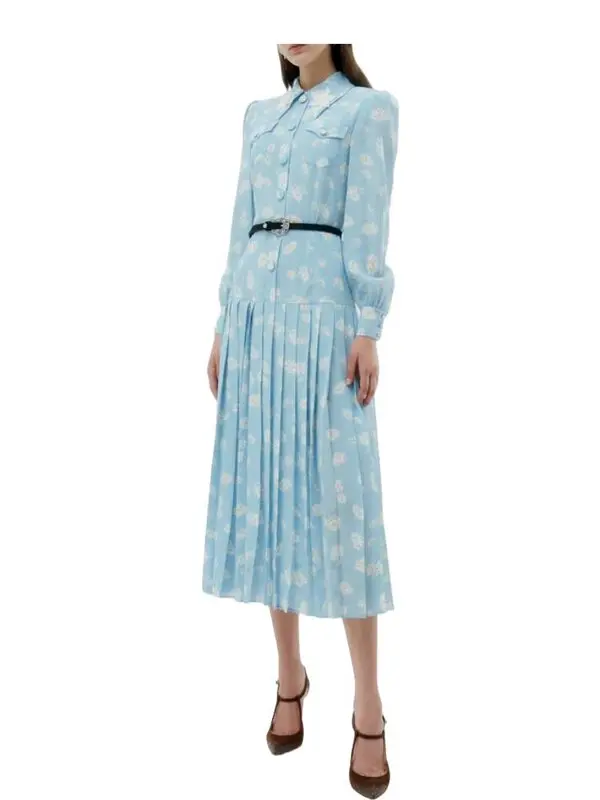 Alessandra Rich Floral Print Silk Shirt Dress - Blue