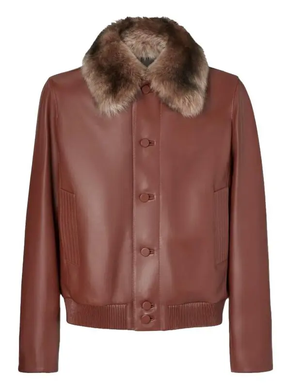 Fendi Faux Fur Collar Leather Bomber Jacket - Brown