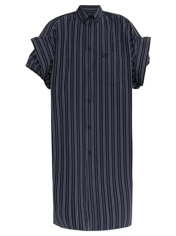 Balenciaga Striped Short Sleeve Shirt Dress - Navy Blue