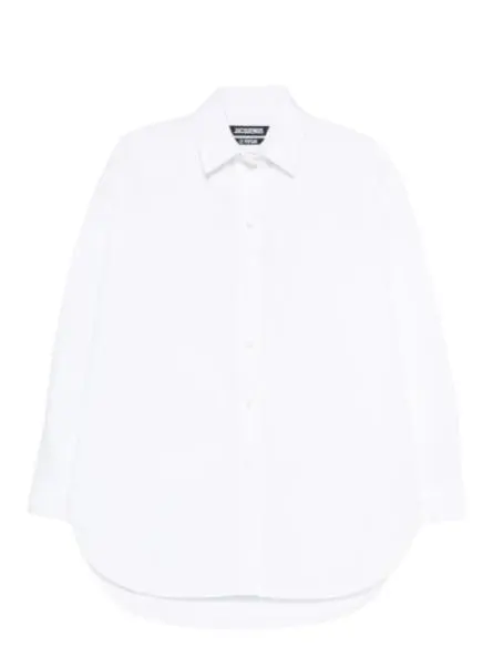 Jacquemus Long Sleeve Lapel Collar Shirt With Curved Hem - White