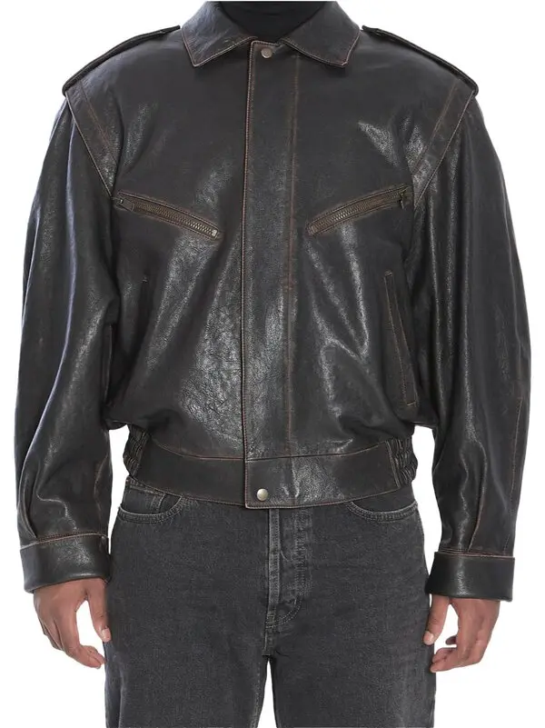 Saint Laurent Leather Zip-up Jacket With Peak Collar - Brown