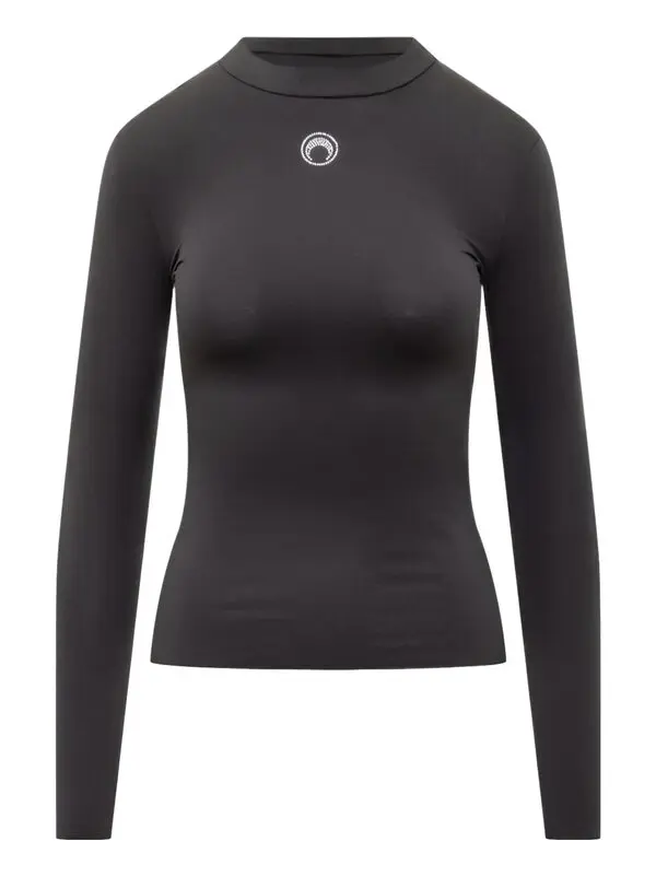MARINE SERRE Moon Logo Strass Jersey Long Sleeve High Neck Top - Black
