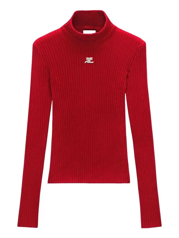 COURREGES Logo Embroidered Rib-knit High Neck Jumper - Red