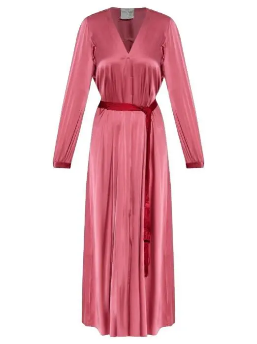 FORTE_FORTE Silk-blend V-neck Maxi Dress With Fringe - Pink