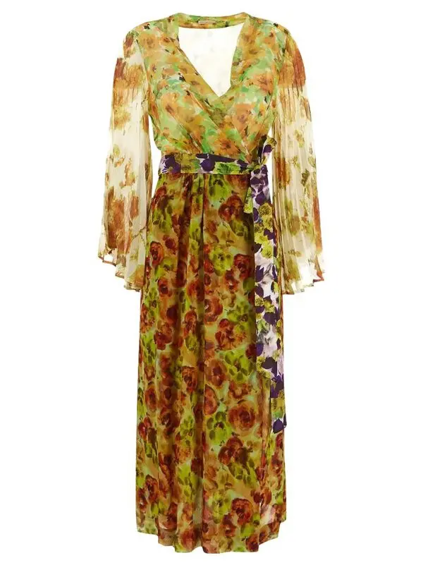 Dries Van Noten Floral V-neck Maxi Dress With Pleated Sleeves - Brown
