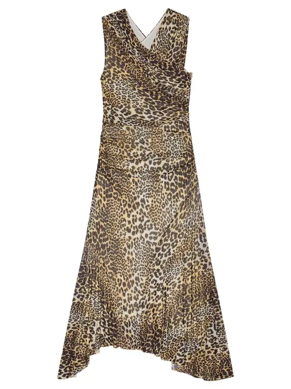 GANNI Ruched V-neck Dress With Asymmetrical Hem - Leopard
