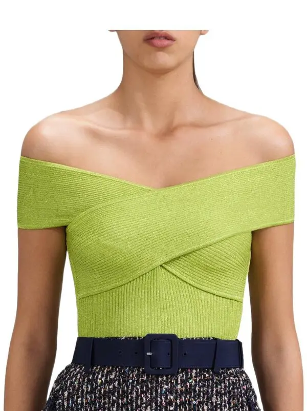 SELF-PORTRAIT Lurex Knitted Off-shoulder Top - Green