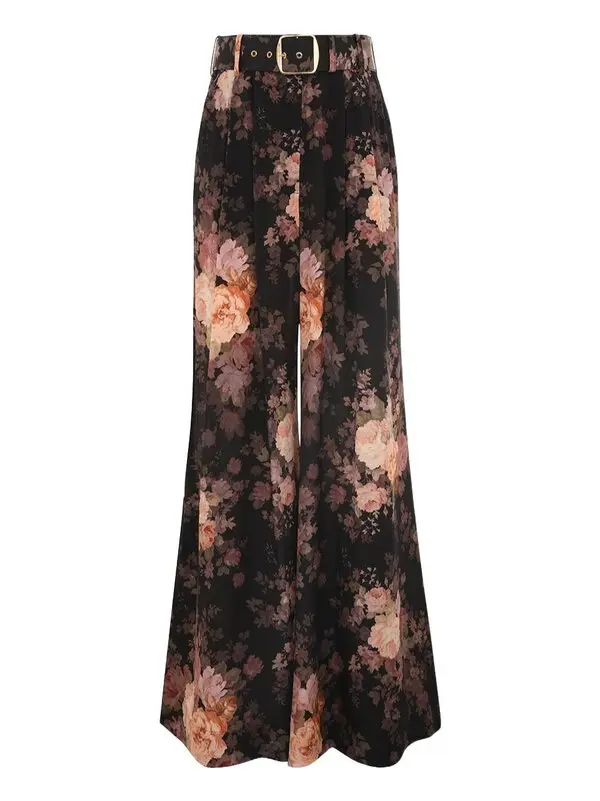 Zimmermann Wide Leg Floral Print Pants With Belt - Black Rococo Floral