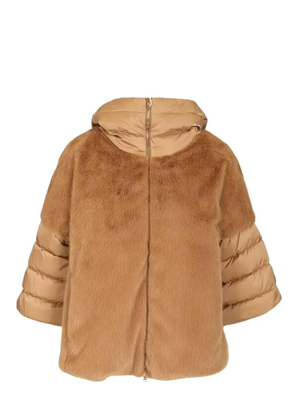 Herno Satin Alternative Fur Cape With Down Filling And Hood - Brown