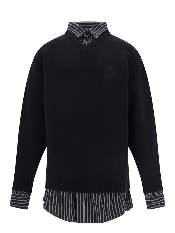 Balenciaga Layered Knit Sweater With Laminated Shirt Collar - Black