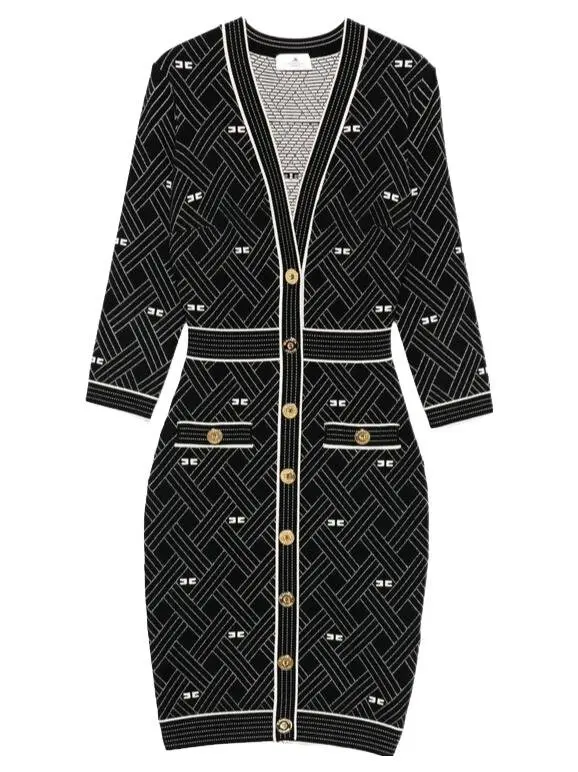 Elisabetta Franchi Knit Dress With Geometric Pattern And Golden Buttons - Black