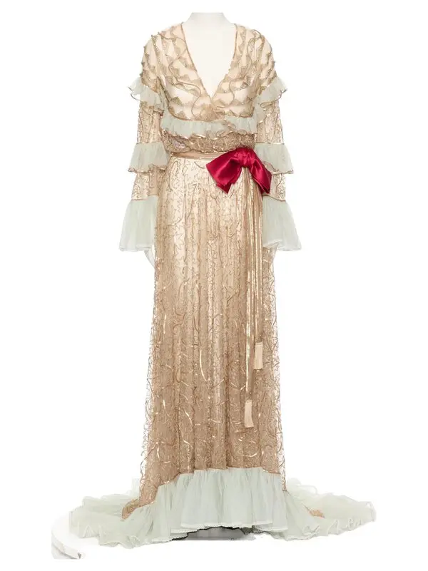 Valentino Garavani Long Sleeve V-neck Embellished Gown - Nude