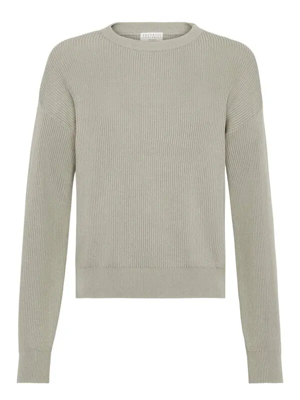 Brunello Cucinelli Ribbed Cotton Jumper With Embroidered Back Collar - Olive