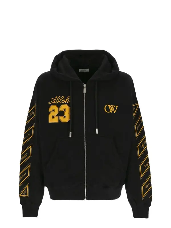 Off-White Zip-up Drawstring Hoodie - Black