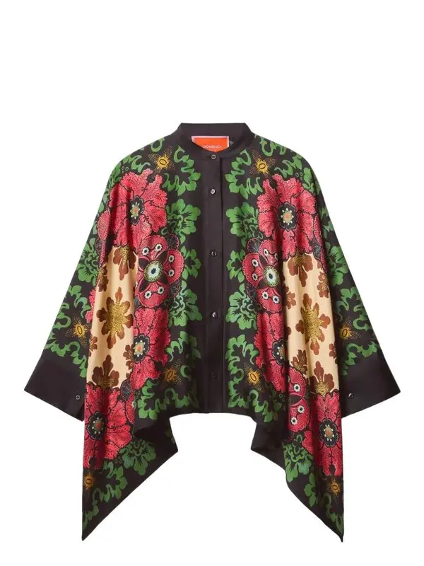 La DoubleJ Printed Silk Mandarin Collar Coat - Black
