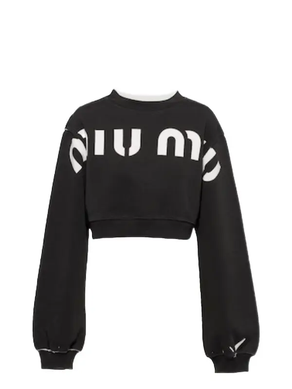 Miu Miu Printed Cotton Cropped Sweatshirt - Black