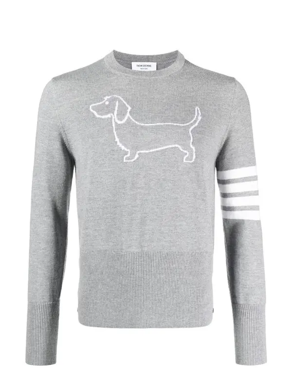 Thom Browne 4-bar Stripe Crewneck Jumper With Dachshund Detail - Light Gray