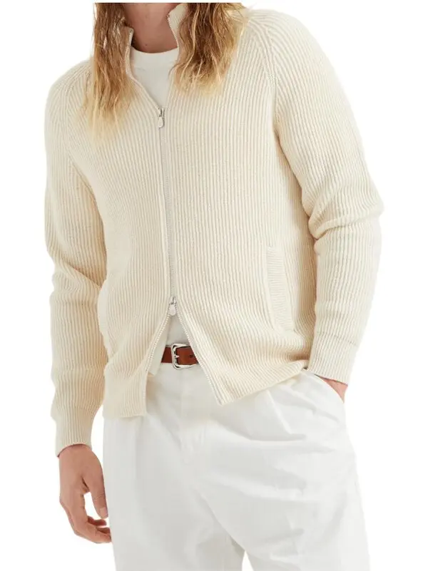 Brunello Cucinelli High Neck Zip-up Knitted Cardigan - Ivory