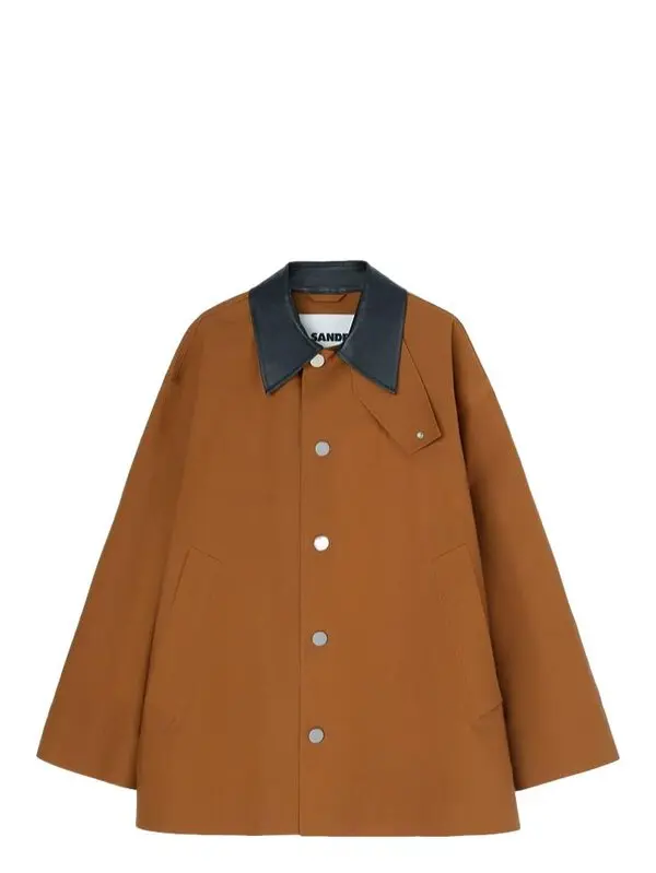 JIL SANDER Cotton Shirt Jacket With Flat Leather Collar - Tobacco