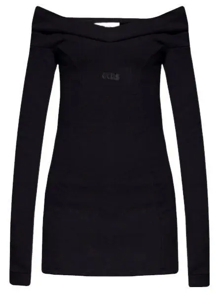 Gcds Off-the-shoulder Long Sleeve Dress With Logo Print - Black