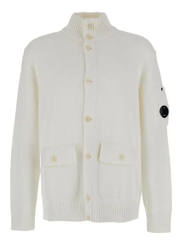 C.P. COMPANY High Neck Cardigan With Sleeve Lens - White