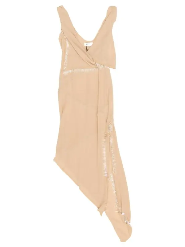 Attico Asymmetric Beaded Deep V-neck Maxi Dress - Beige