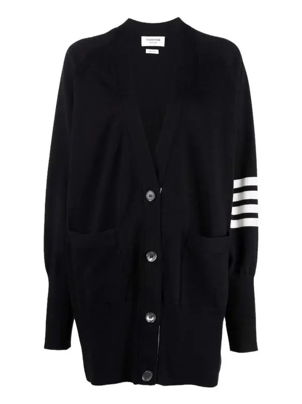 Thom Browne Four-bar Long Sleeve Knit Cardigan - Navy Blue