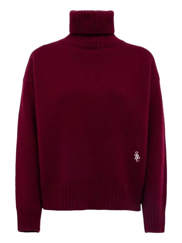 SPORTY  RICH Sporty & Rich Embroidered High Neck Ribbed Knit Sweater - Red