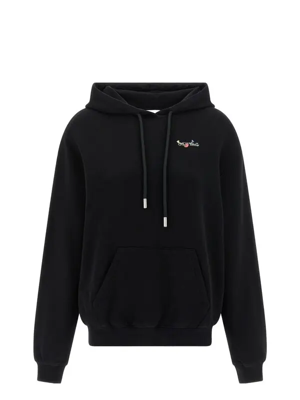 Off-White Arrow-shaped Glass Flower" Print Drawstring Hoodie - Black
