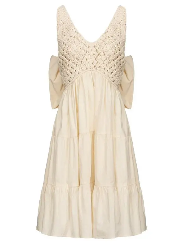 Pinko Maxi Bow Detailed Open Knit Mini Dress - White