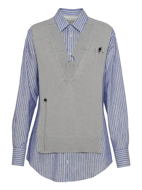 MAISON MARGIELA V-neck Distressed Knit Spliced Shirt - Gray