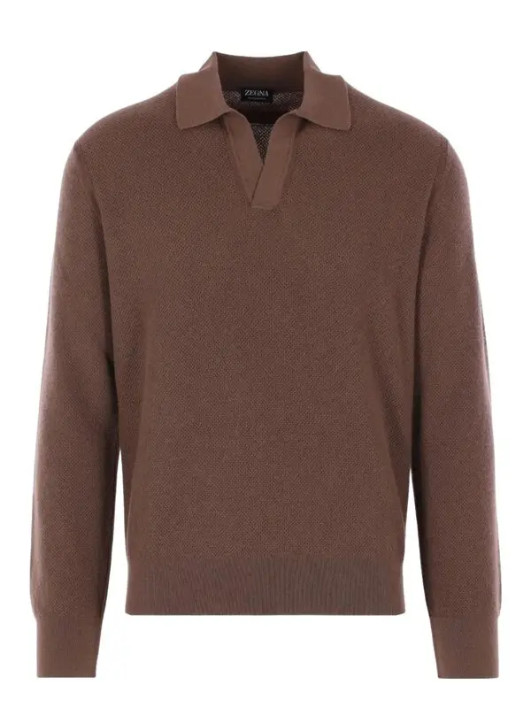 Zegna Long Sleeve Knitted Jumper With Open Collar - Brown