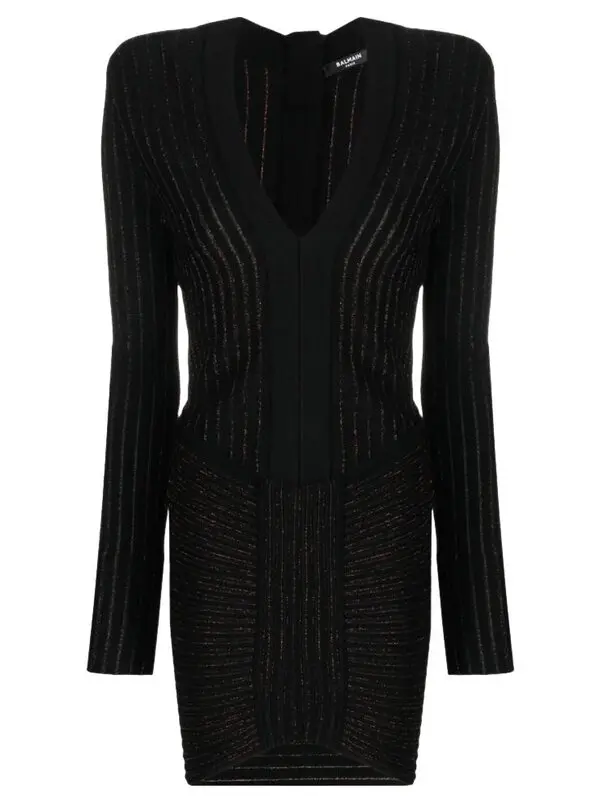 Balmain V-neck Ribbed Knit Mini Dress - Black