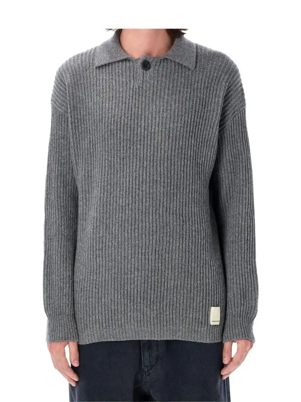 Emporio Armani Fisherman's Knit Long Sleeve Polo Shirt - Grey