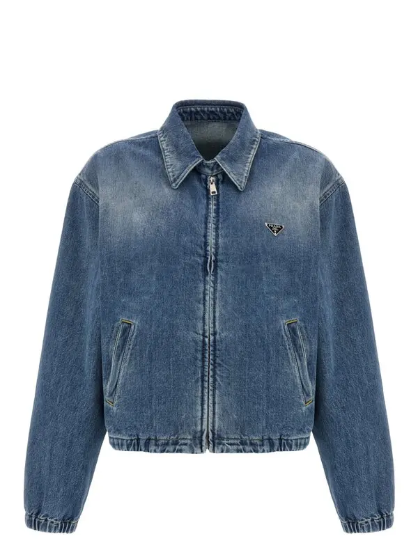 Prada Zip-up Denim Jacket With Trimmed Pockets - Light Blue