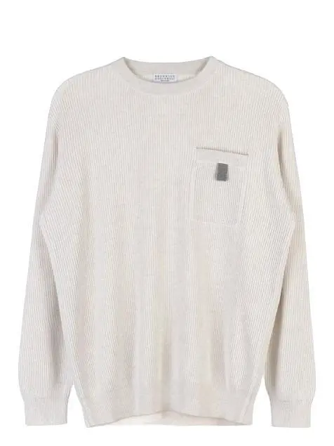 Brunello Cucinelli Long Sleeve Ribbed Knit Sweater With Pocket Detail - Ivory