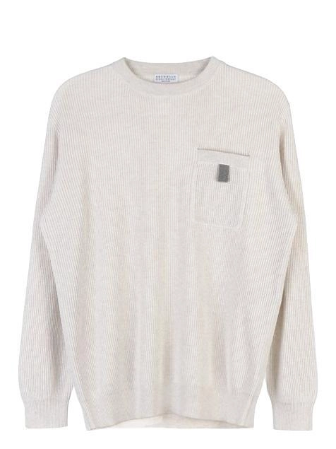 Brunello Cucinelli Long Sleeve Ribbed Knit Sweater With Pocket Detail - Ivory