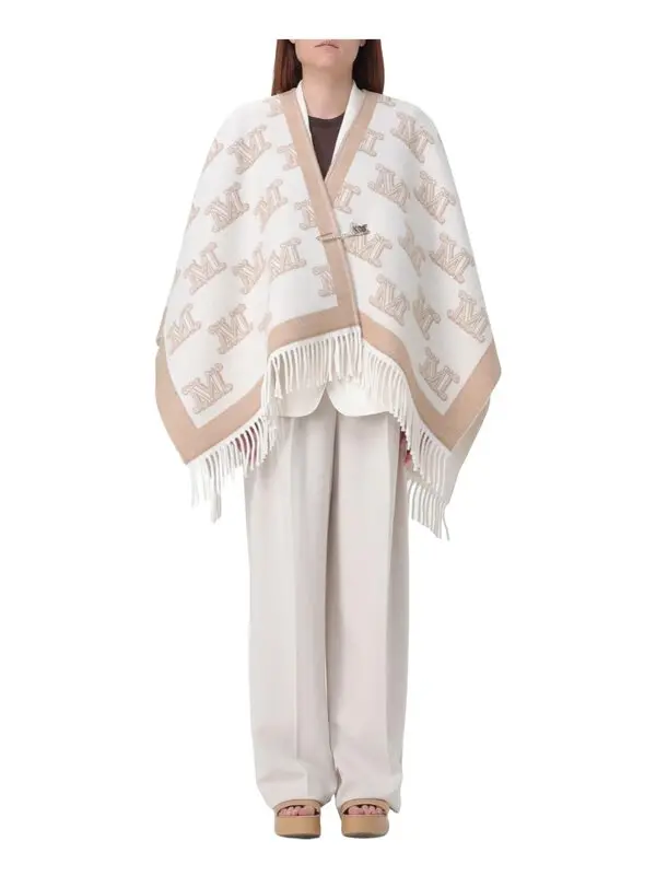 Max Mara All-over Logo Patterned Fringed Cape - White