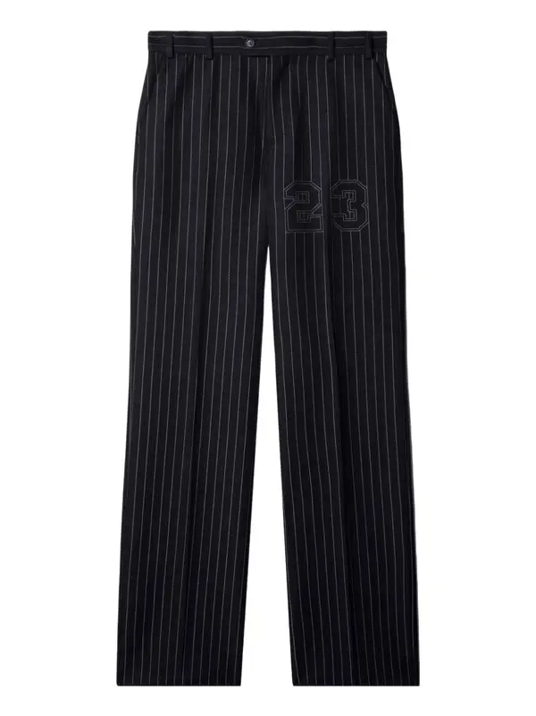 Off-White Pinstriped Straight Leg Trousers With Embroidered Detail - Black