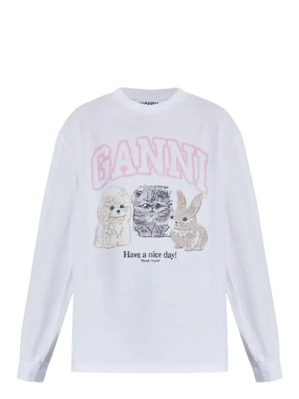 GANNI Graphic Long Sleeve T-shirt - White