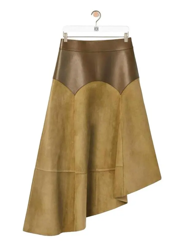 Loewe Asymmetrical Suede And Napa Leather Skirt - Green