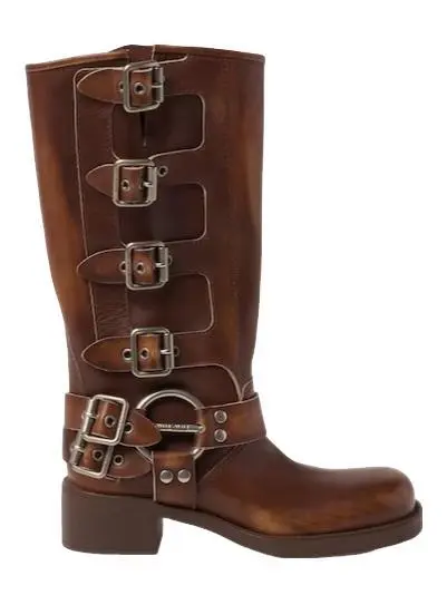 Miu Miu Round Toe Buckled Block Heel Boots - Ochre